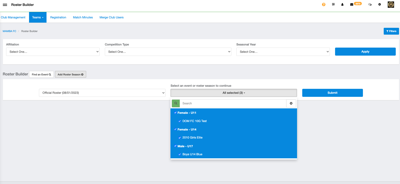 As an Admin - Assigning Players to an Event Roster